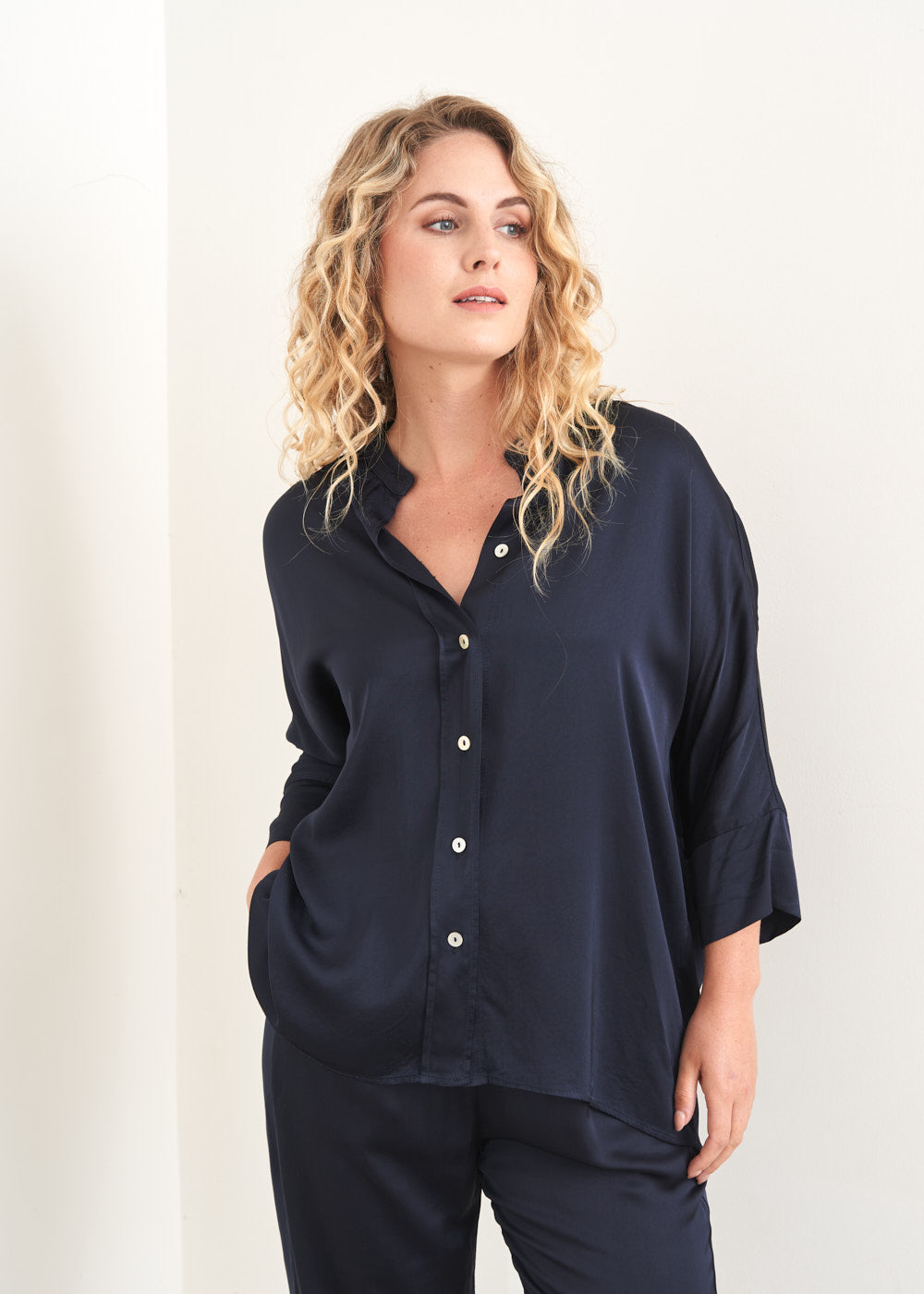 Andi Satin Shirt - Blue Black | Tops & Blouses | BUSBY & FOX